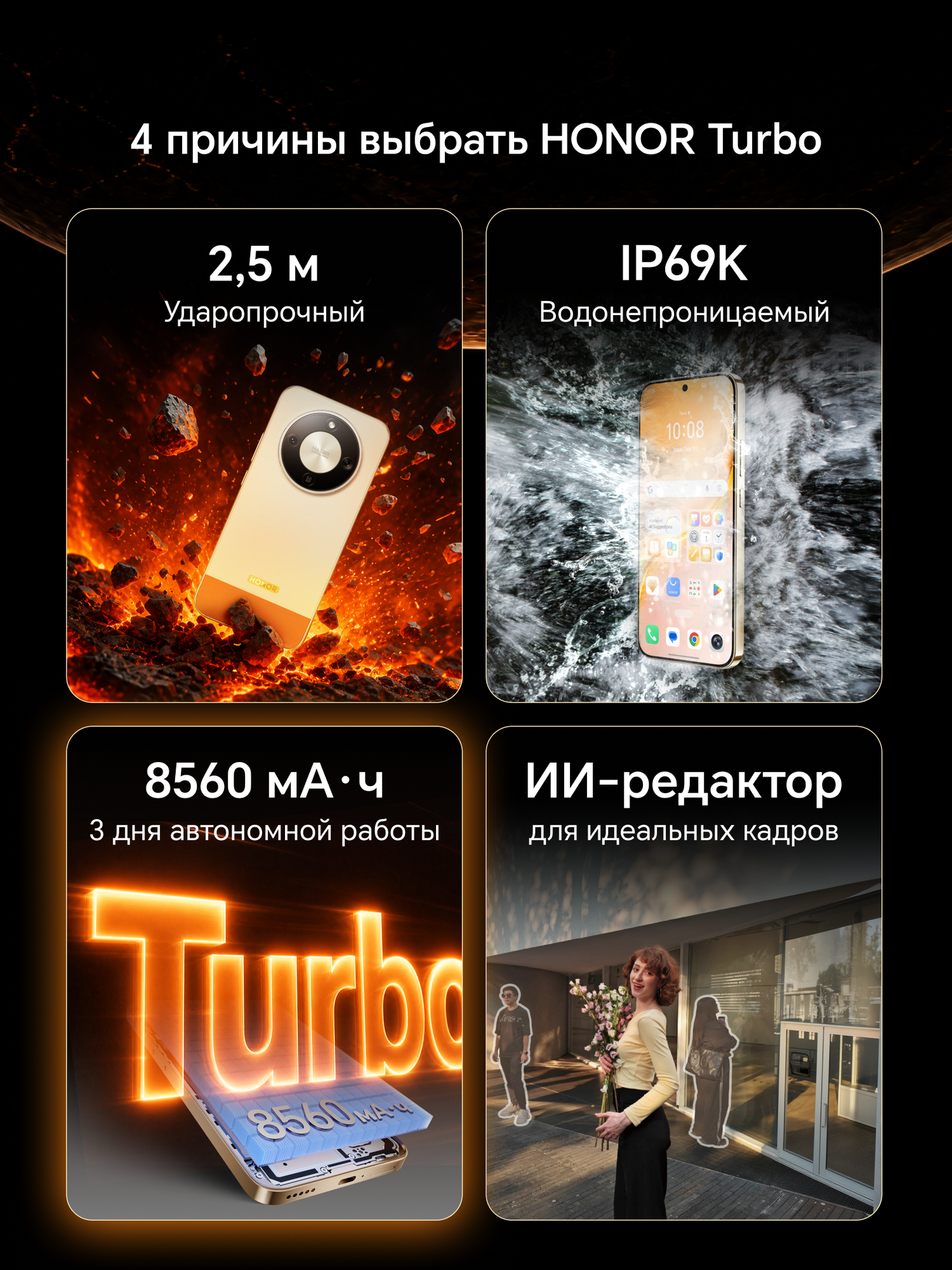 Смартфон HONOR Turbo 8+256, Черный, Ростест, Мобильные сервисы Google (GMS) — фото 1