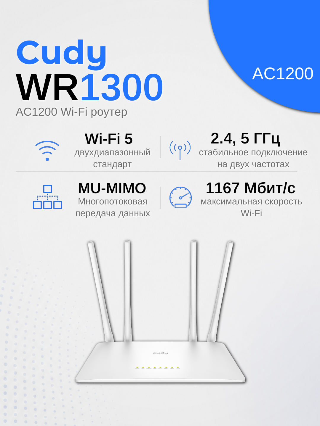 Маршрутизатор Wi-Fi Cudy WR1300, AC1200,5 LAN 10/100/1000 Мбит/с, Mesh