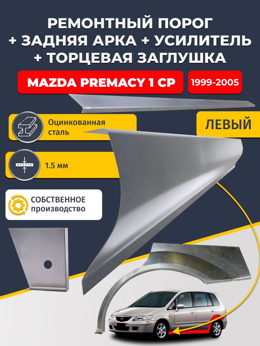 Левая ремонтная задняя арка (0,8 мм) и левый стандартный ремонтный порог + торцевая заглушка + усилитель, на Mazda Premacy 1 CP 1999-2005 (Мазда Премаси). Оцинкованная сталь 1,5 мм