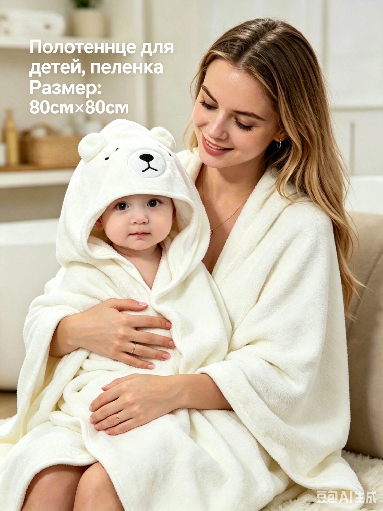 Полотенце детское, Микрофибра, 80.5x80.5 см, белый, 1 шт.