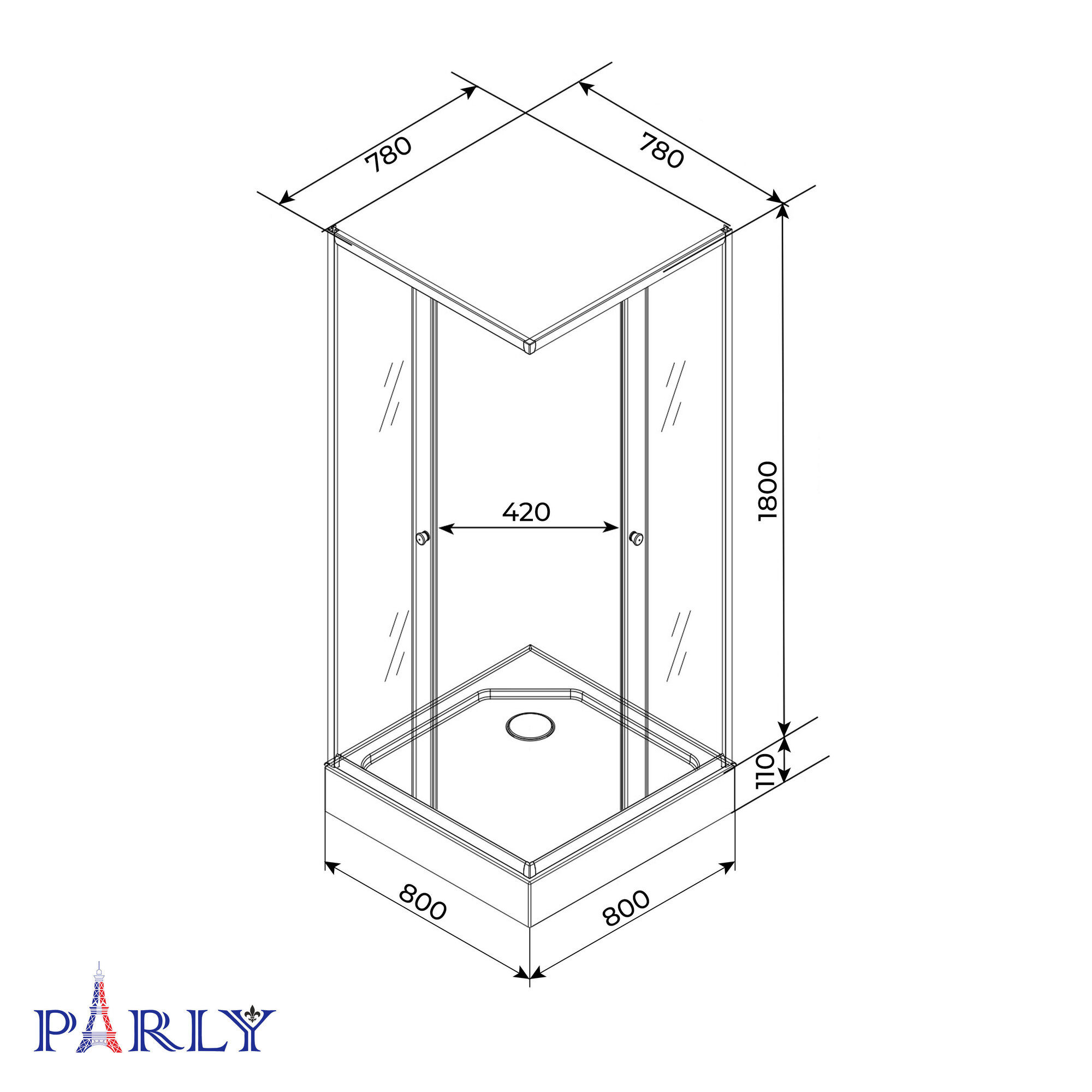 ZFQ81N PARLY (80x80x190) душевой уголок, низкий поддон, матовое стекло