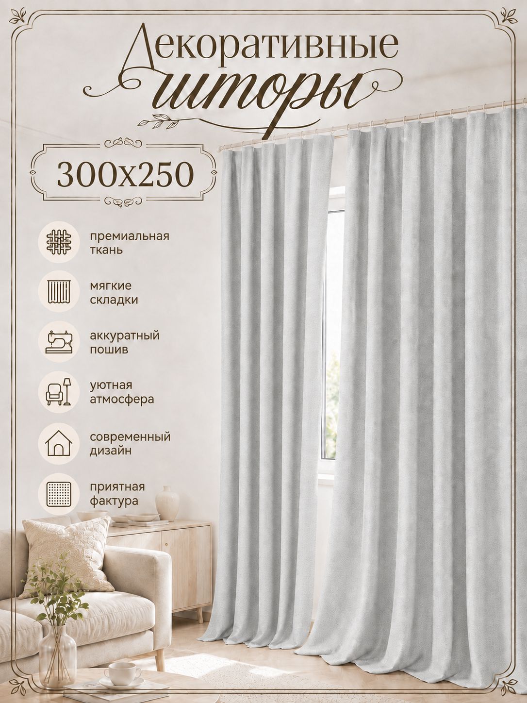 Комплект плотных непрозрачных льняных штор на шторной ленте, размер 300X250 см, для гостиной и спален