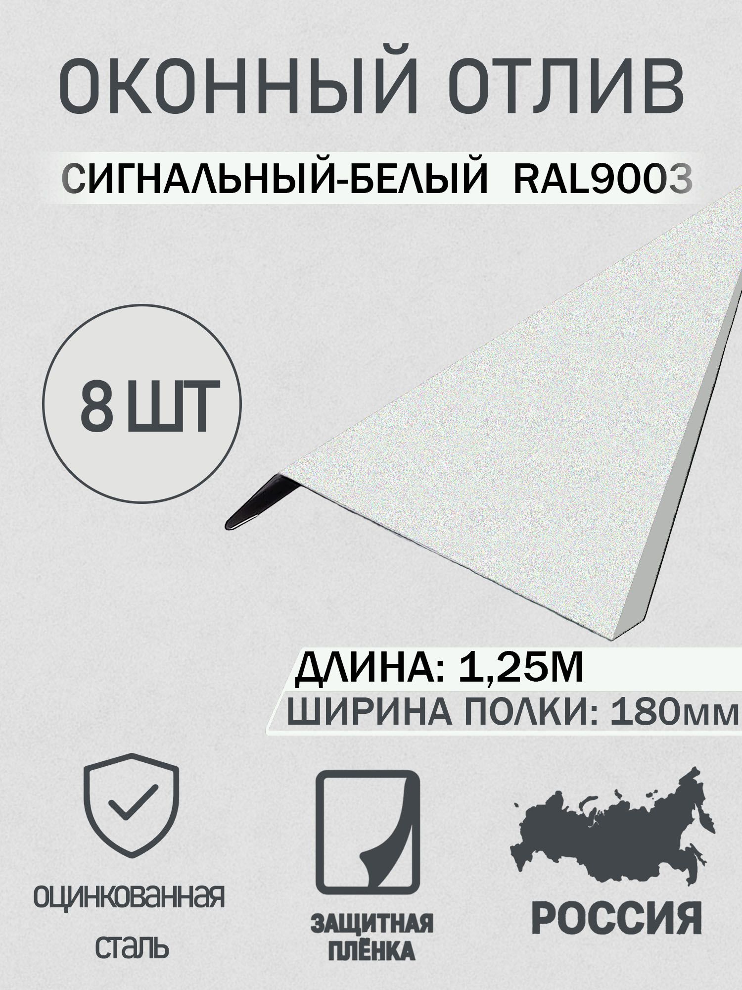 Отлив оконный 180мм Сигнальный-белый 1.25м 8шт в упаковке