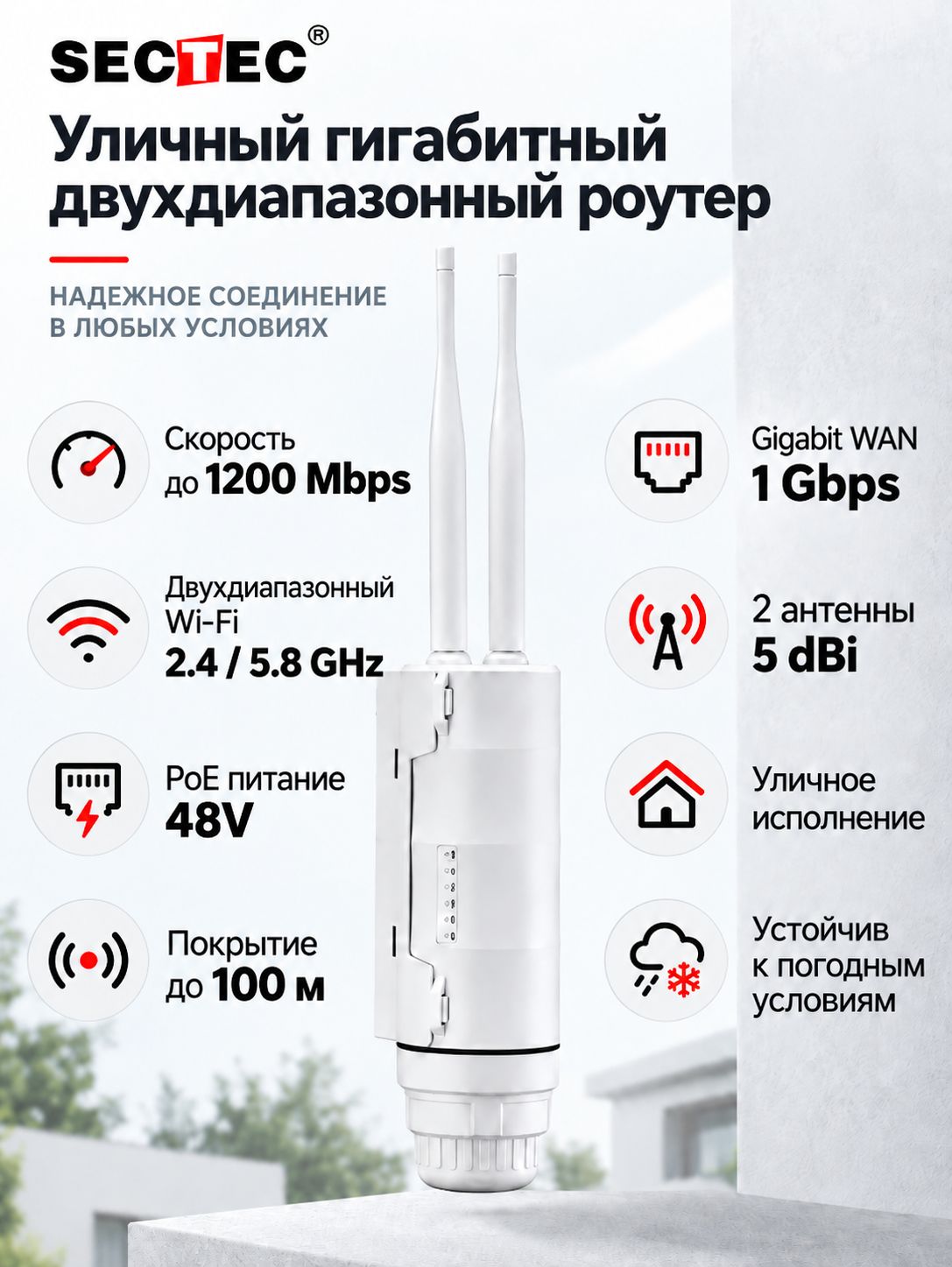 Уличный двухдиапазонный роутер со встроенным маршрутизатором (1 порт 1GB (WAN), WIFI) SECTEC W52OUTDUAL