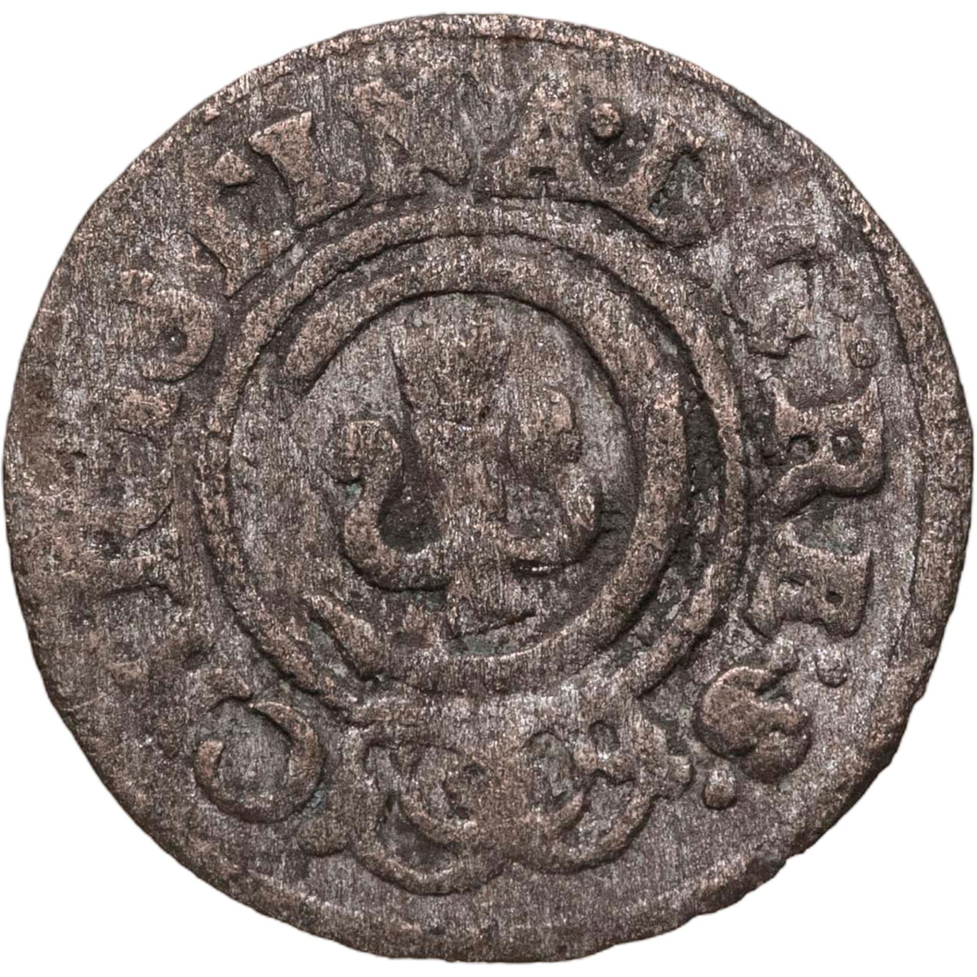 Шведская Ливония 1 солид 1634-1654 королева Кристина Шведская оккупация Риги, биллон, в сохранности F-VF