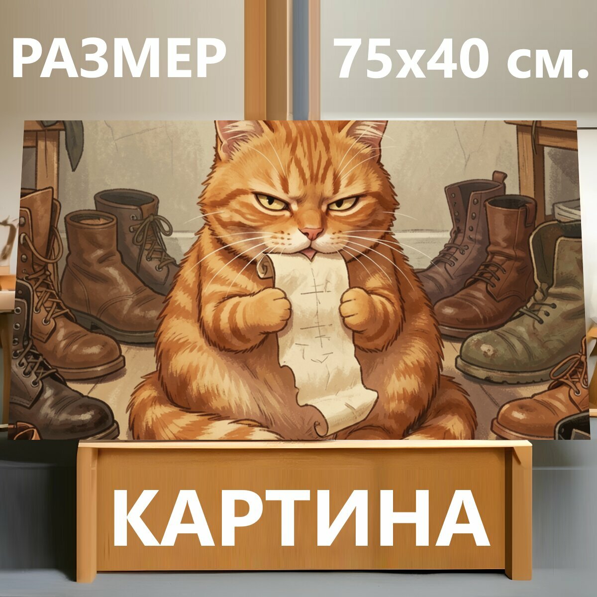 Картина на холсте "Рыжий кот с пергаментом. Игривый антропоморфный рыжий кот с свитком в окружении старых ботинок и сапог. Теплая винтажная." на подрамнике 75х40 см. для интерьера