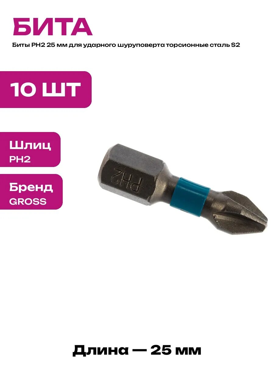 Биты для ударного шуруповерта PH2 25 мм торсионные магнитные