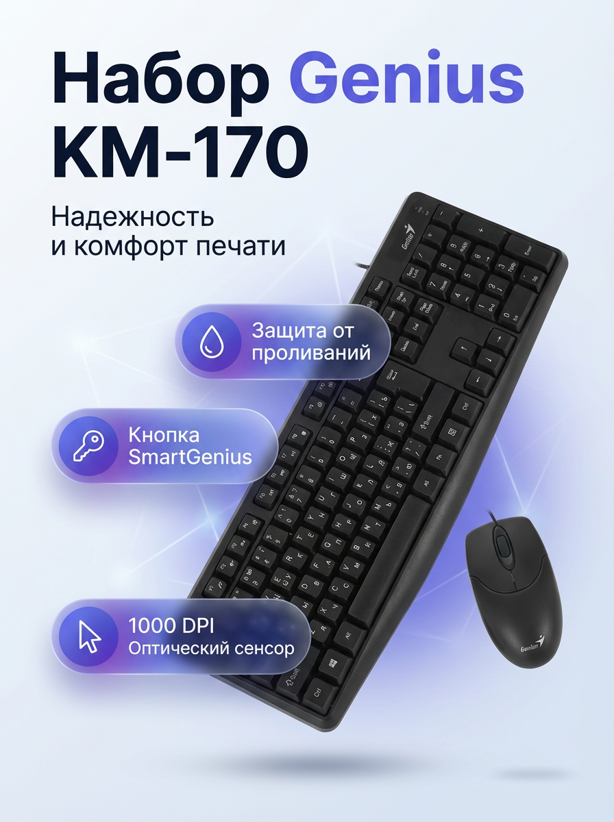 Набор Genius КМ-170 Черный, USB,104 кл+ кнопка SmartGenius, мембранная, защита от проливаний,1000 DPI 31330006403
