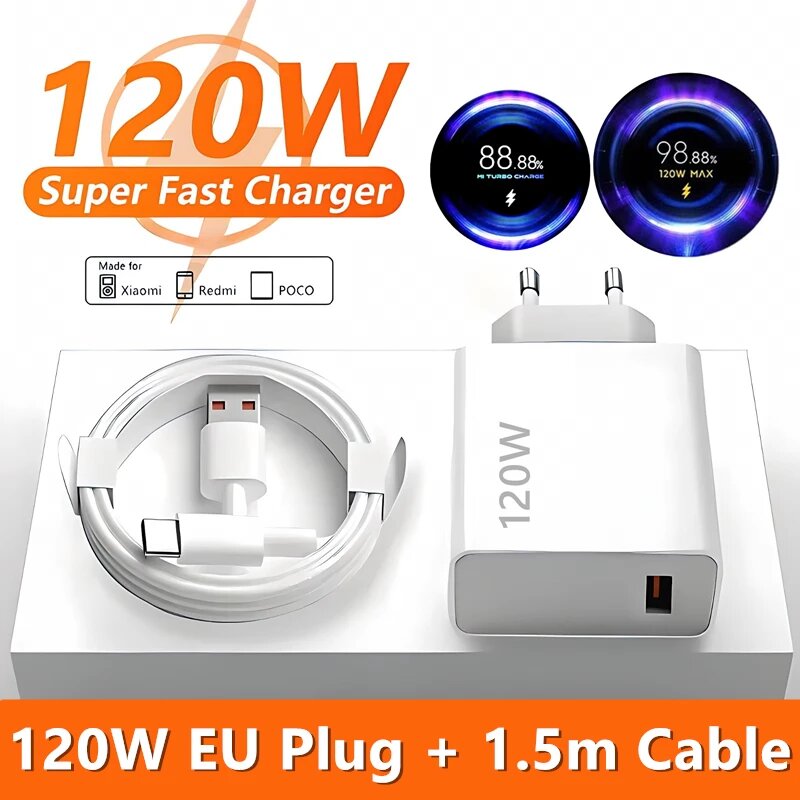 Зарядное устройство 120W EU Plug + 1.5m кабель для Xiaomi Redmi POCO