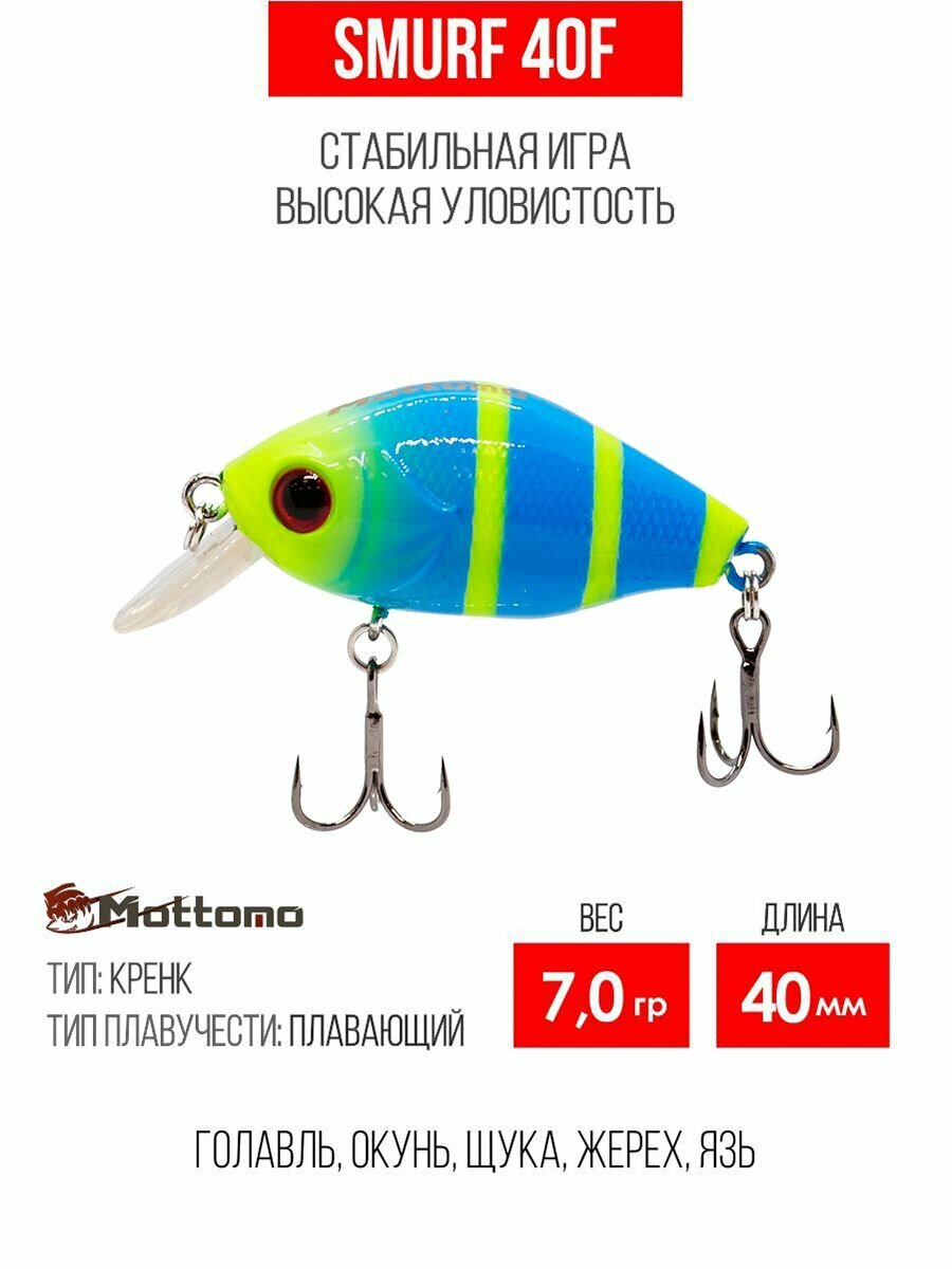 Воблер для рыбалки Mottomo Smurf 40F 7,0g Blue Chartreuse, крэнк плавающий для спиннинга. Приманка на голавля, форель