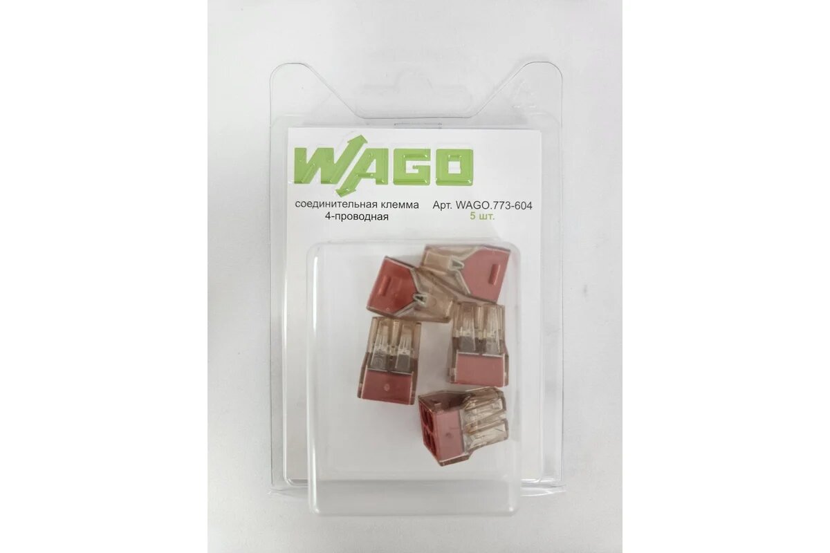 Соединительная клемма WAGO 773‑604 4‑х проводная безвинт с прозрачным корпусом и красной крышкой, 32А PUSH WIRE для распределительных коробок до 400 В, 1.5–4 мм², 5 шт в блистере