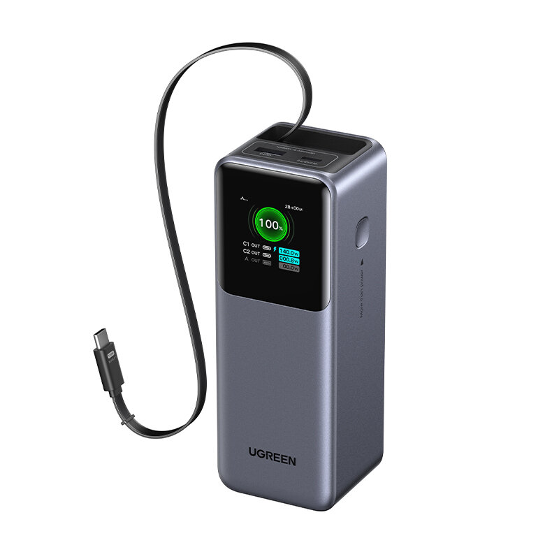 Внешний аккумулятор UGREEN PB726 (95670B) 165W Power Bank 20000mAh USB-C&USB-A с выдвижным кабелем (ССС). Цвет: серый космос