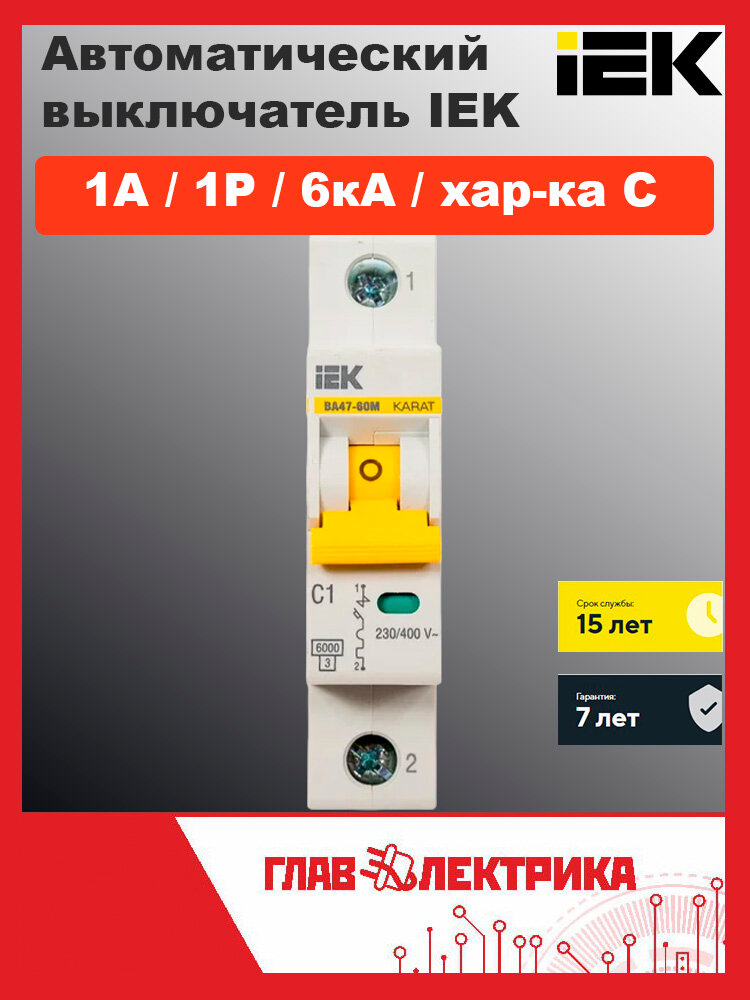 Автоматический выключатель 1А 1P хар-ка C 6кА ВА47-60M IEK / Автомат IEK (ИЕК) 1P (однополюсный) 1А хар-ка C, MVA31-1-001-C