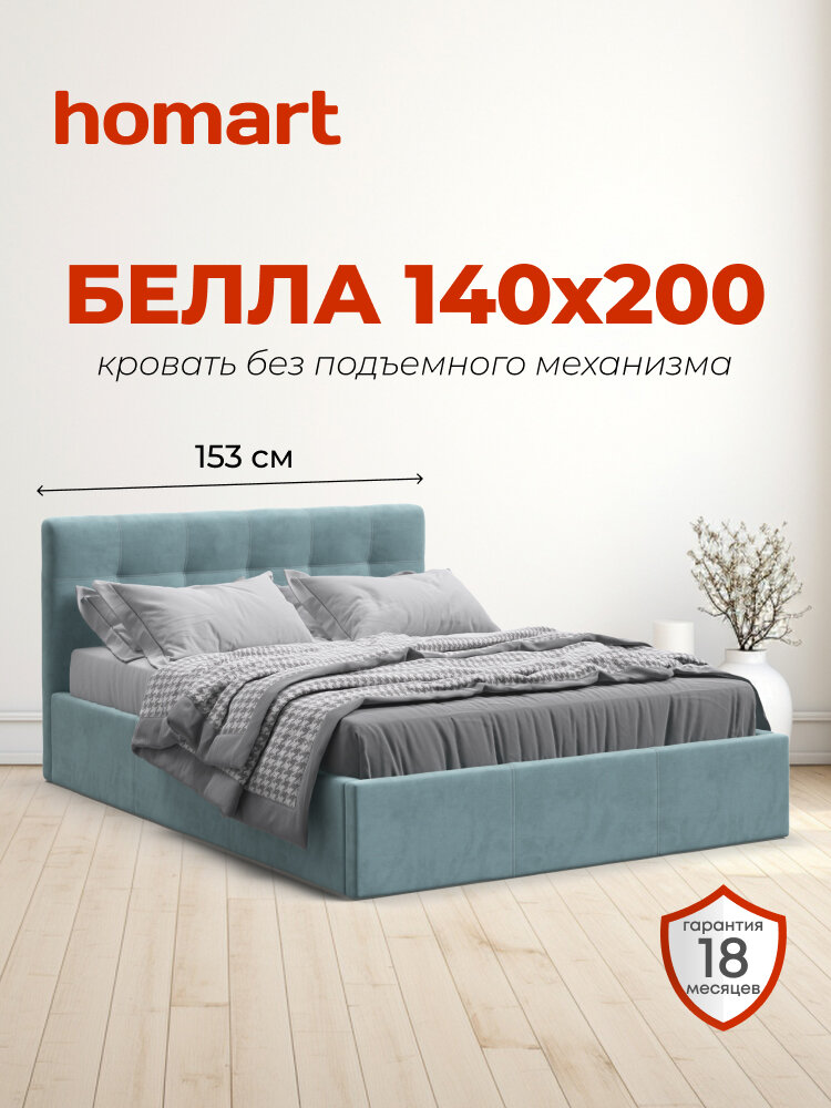 Двуспальная кровать Белла без подъемного механизма, велюр Монолит Аква, 140х200 см