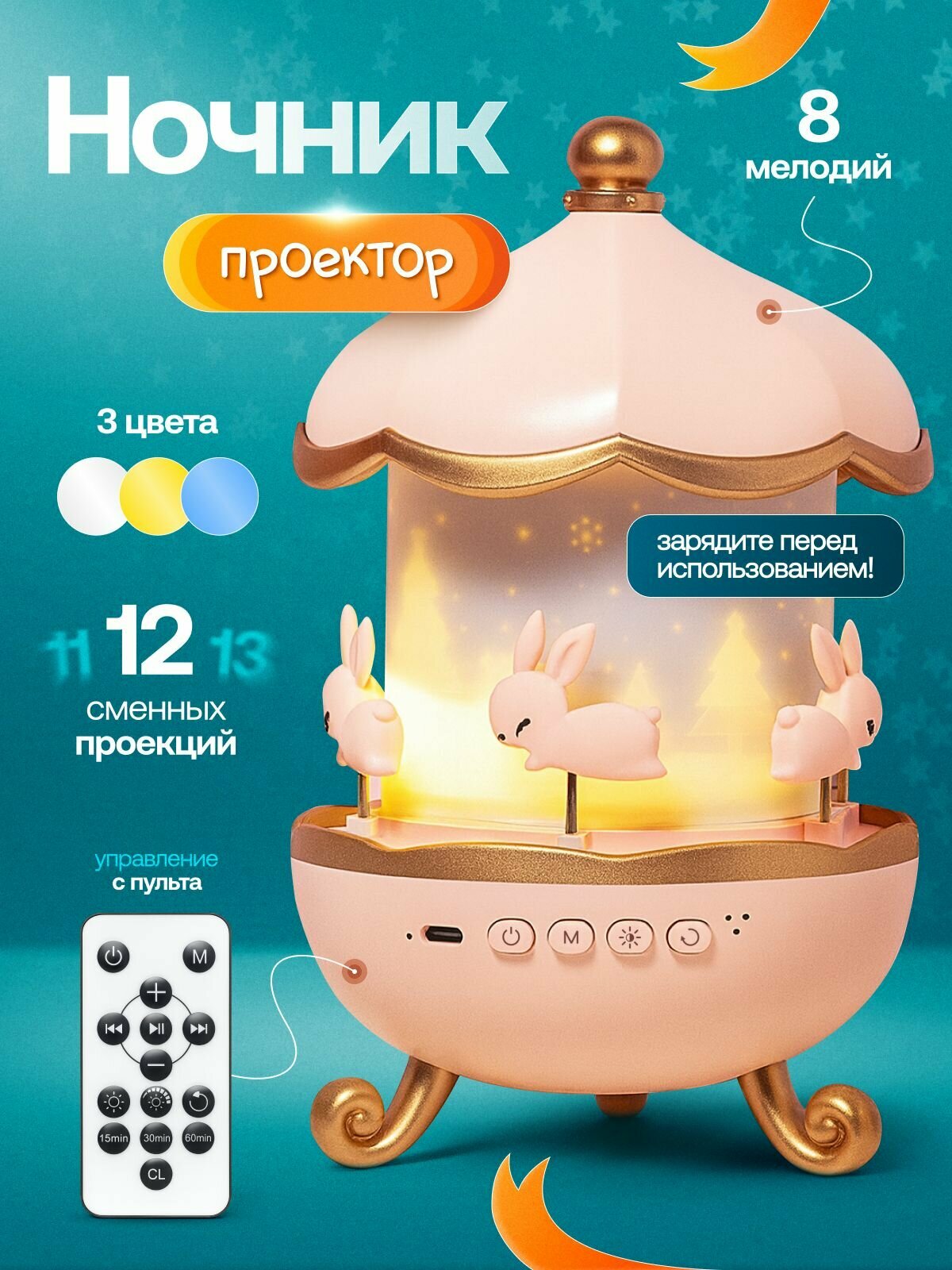Детский ночник-проектор музыкальный с пультом
