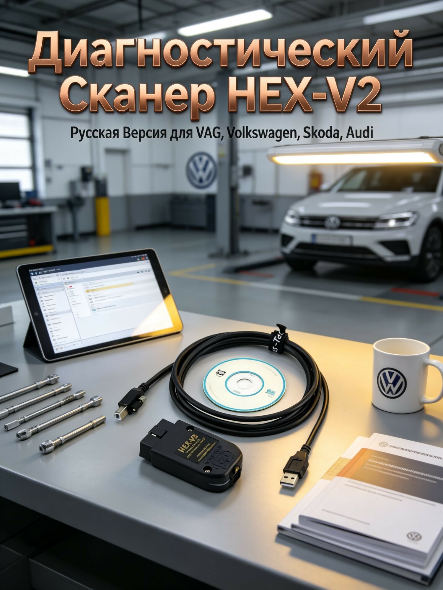 Диагностический сканер VCDS 21.3 HEX-V2, русская версия для диагностики автомобилей Volkswagen Skoda Audi с поддержкой K-line L-line и CAN