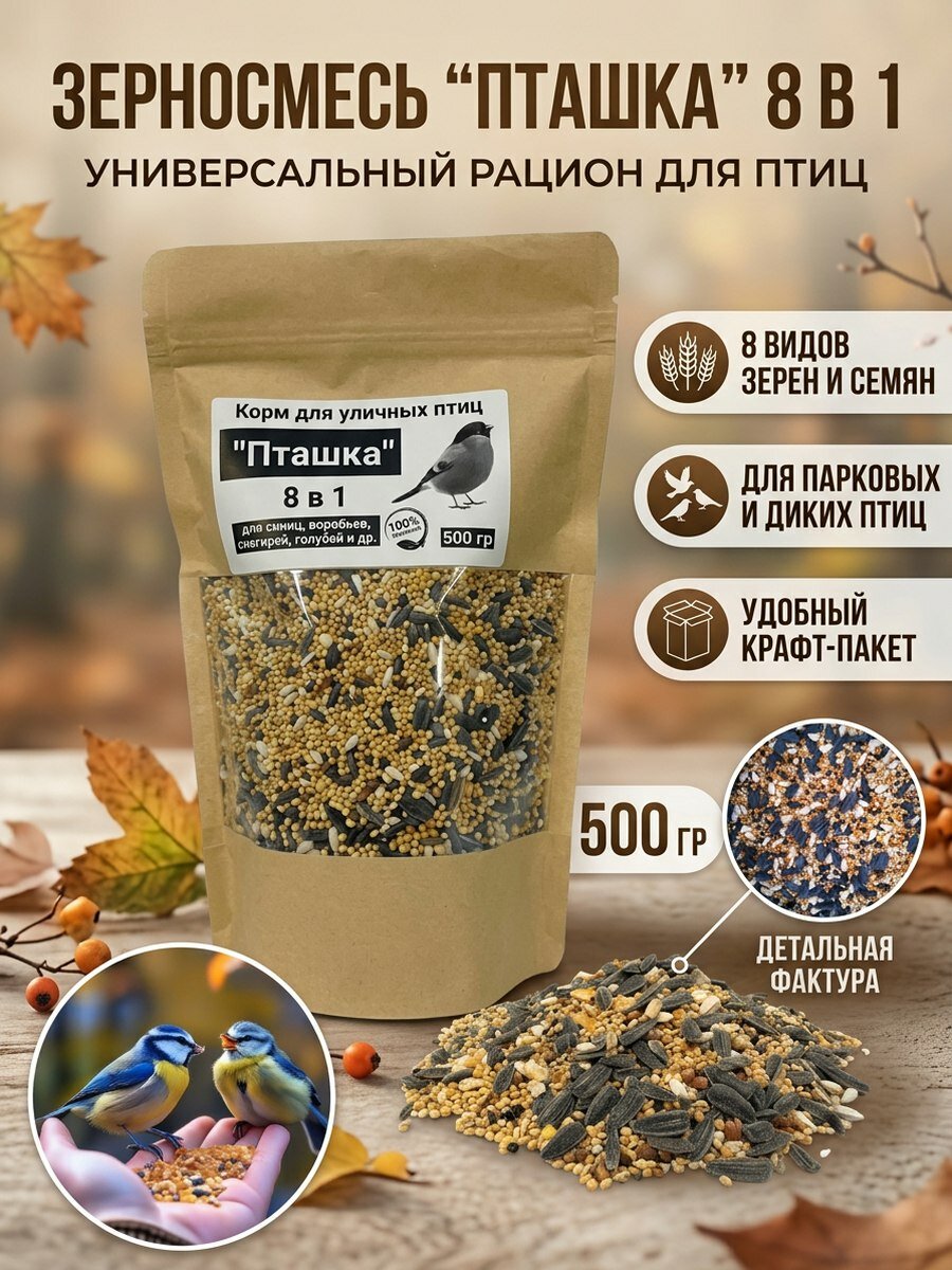Зерносмесь для птиц 8 в 1 "Пташка". Корм для уличных, диких и парковых птиц, 500 гр
