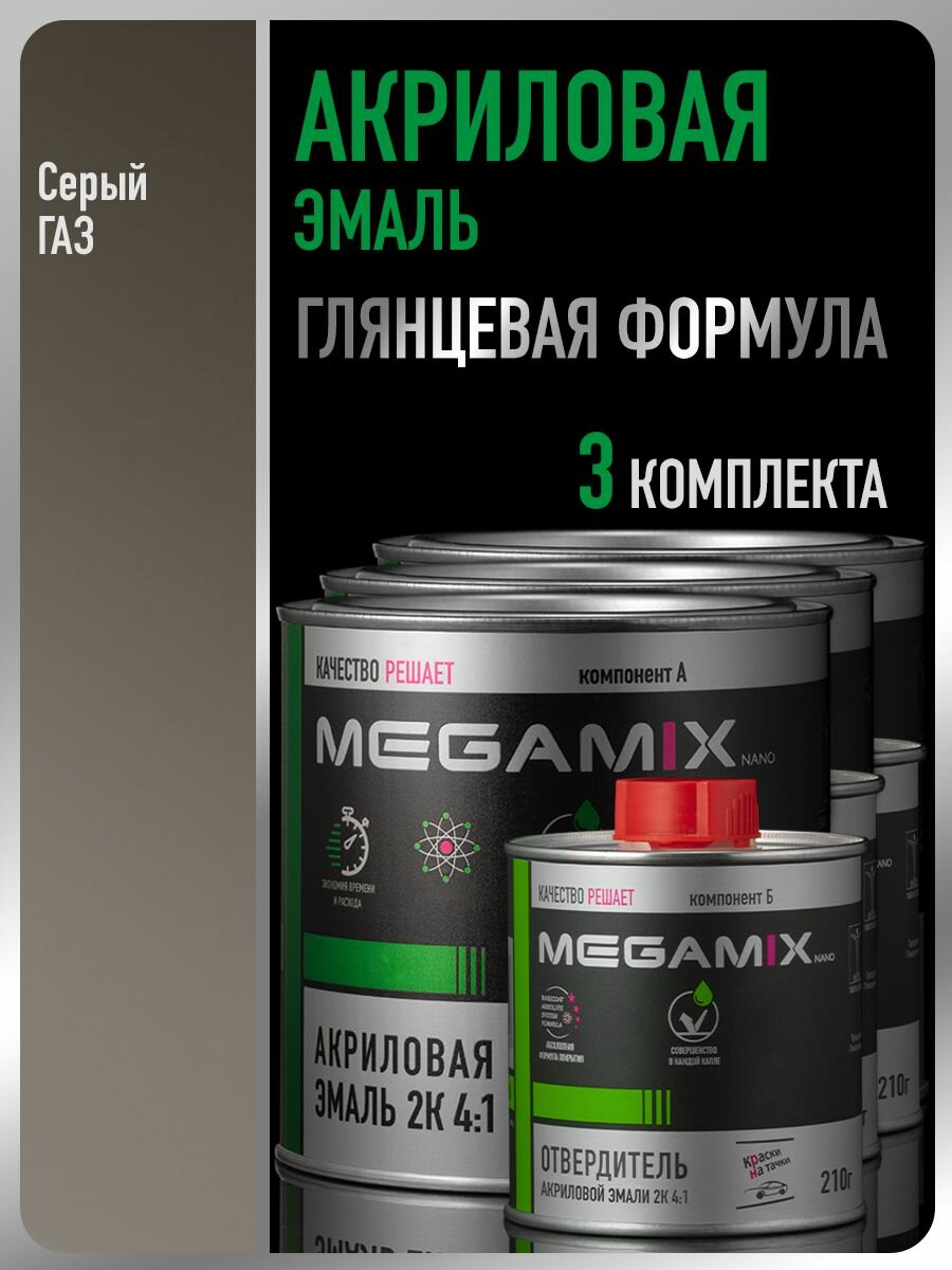 Акриловая краска автомобильная, Серый /Серый ГАЗ, 3 Комплекта 2К 4:1 (эмаль: 840 мл. + отвердитель: 210 мл), MEGAMIX