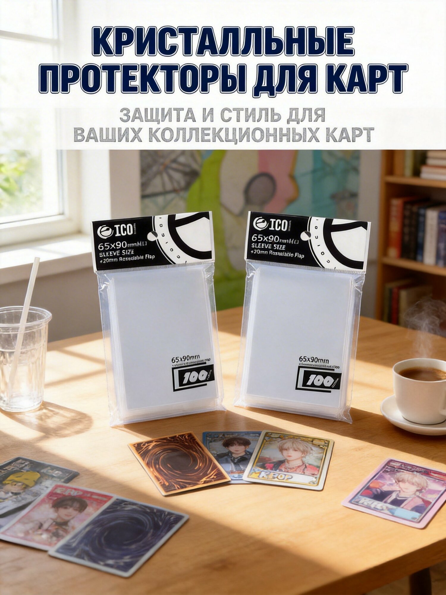 Протекторы для карт 65x90 мм, прозрачные чехлы для настольных игр и коллекций K-POP набор 100 шт 2 набор