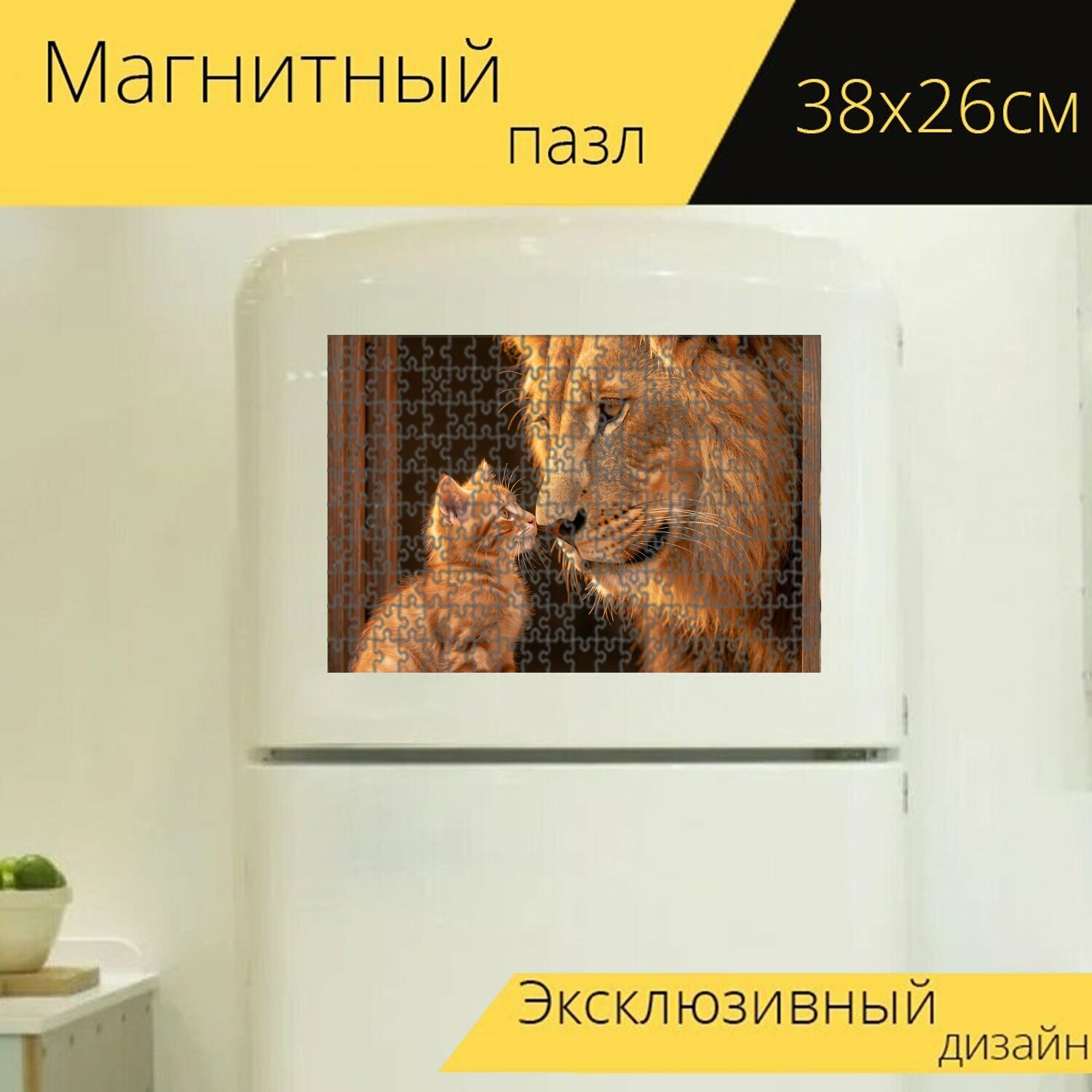 Магнитный пазл "Лев и рыжий котенок. Трогательная сцена с величественным хищником и маленьким домашним питомцем мордочка к мордочке. Реалистичный стиль." для интерьера, 38х26 см.