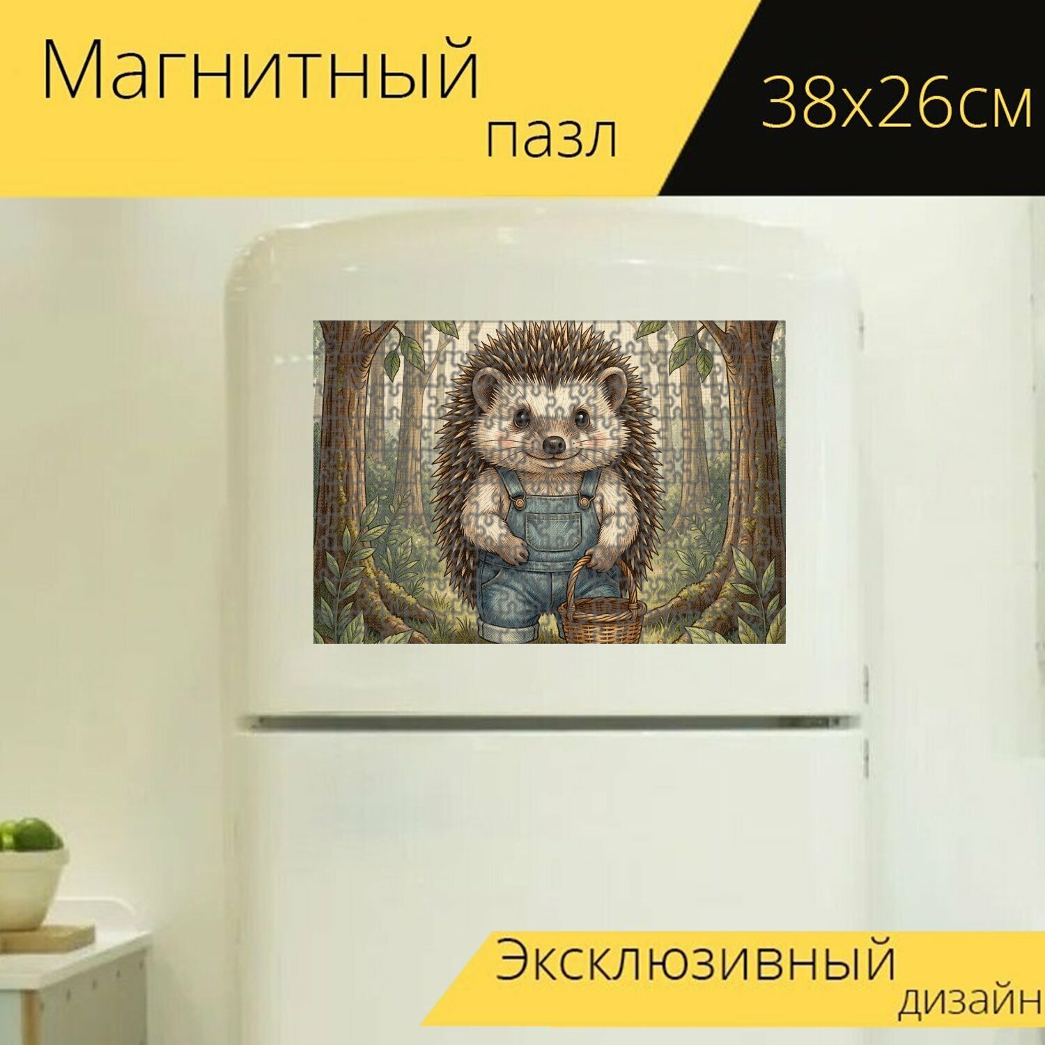 Магнитный пазл "Милый ежик в комбинезоне. Очаровательный лесной зверек с корзинкой среди деревьев и листвы. Сказочная иллюстрация в пастельных бежевых." для интерьера, 38х26 см.