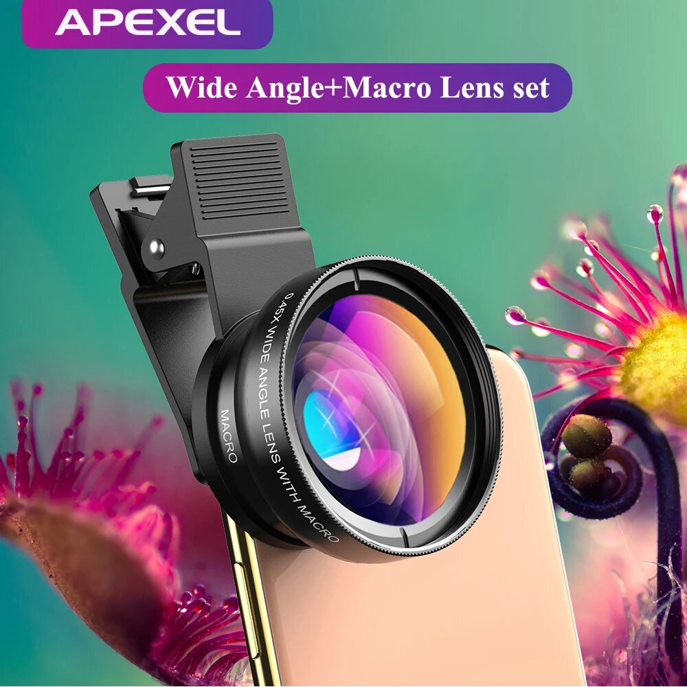 Сверхширокоугольный объектив APEXEL HD 37 мм 0,45x, с 12,5x супер макрообъективом для iPhone, Samsung, смартфонов, камер, телефонов