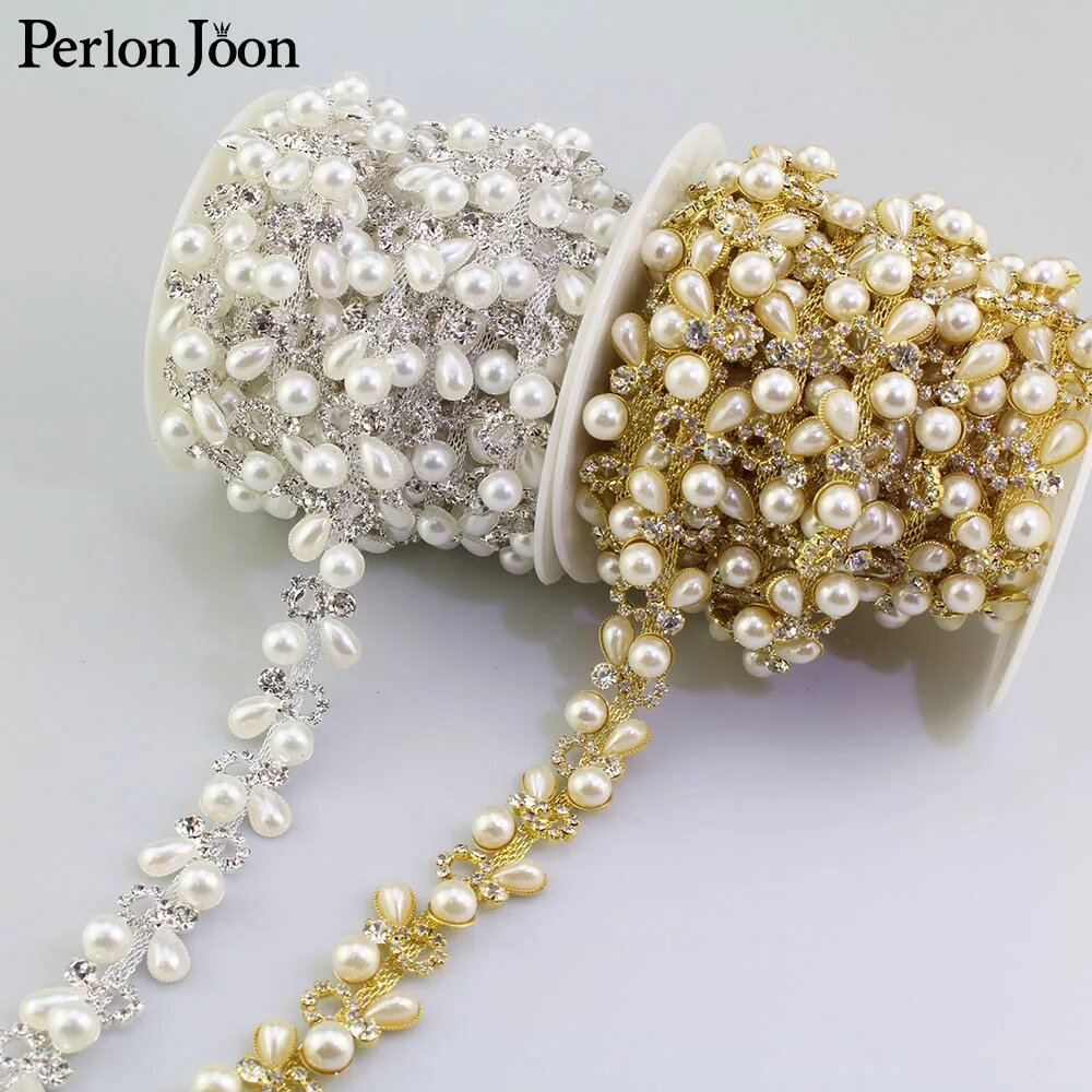 Лента стразовая с жемчугом Perlon Joon, 1 yard, Gold — фото 1