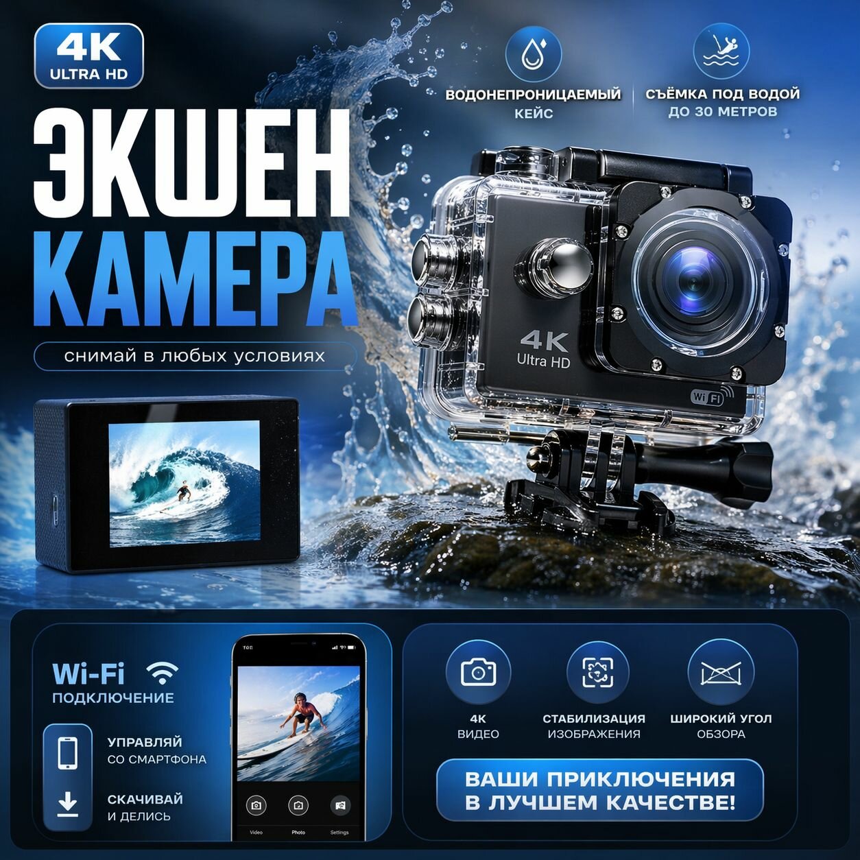Экшн-камера 4K 30 кадров/сек с Wi-Fi И Подставкой , Защитным Кейсом Для Дайвинга, Водонепроницаемая