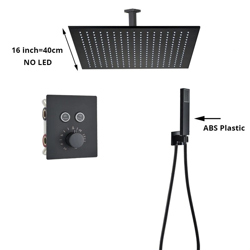 Роскошный черный термостатический душевой смеситель для ванной комнаты с дождевым душевым головкой, настенный смеситель для ванны, набор для душа Wall-C-2-Way-16 дюймов