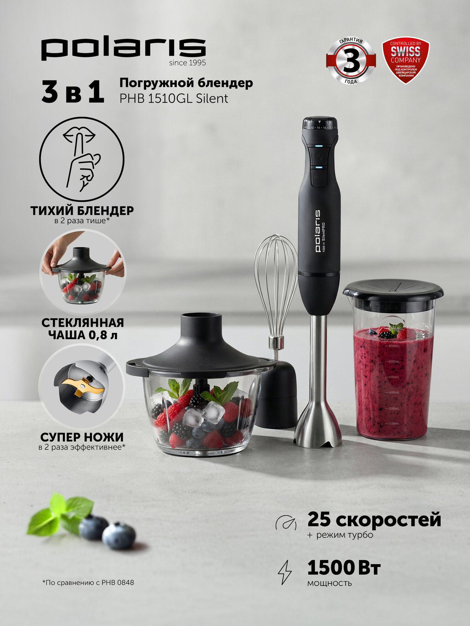 Блендер погружной Polaris PHB 1510GL Silent со стеклянной чашей, ручной 3 в 1: измельчитель, блендер, миксер