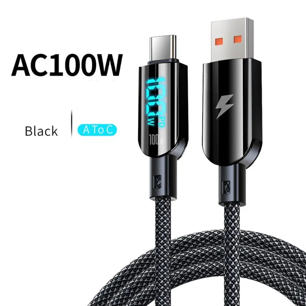 Черный кабель USB Type-C 100W с дисплеем, 1.2 м