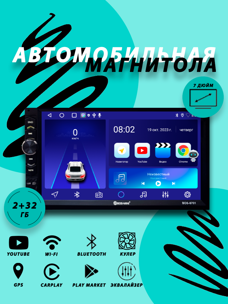 Магнитола автомобильная android 7 дюйм 2Гб+32Гб Carplay/кулер/Wi-Fi/Bluetooth