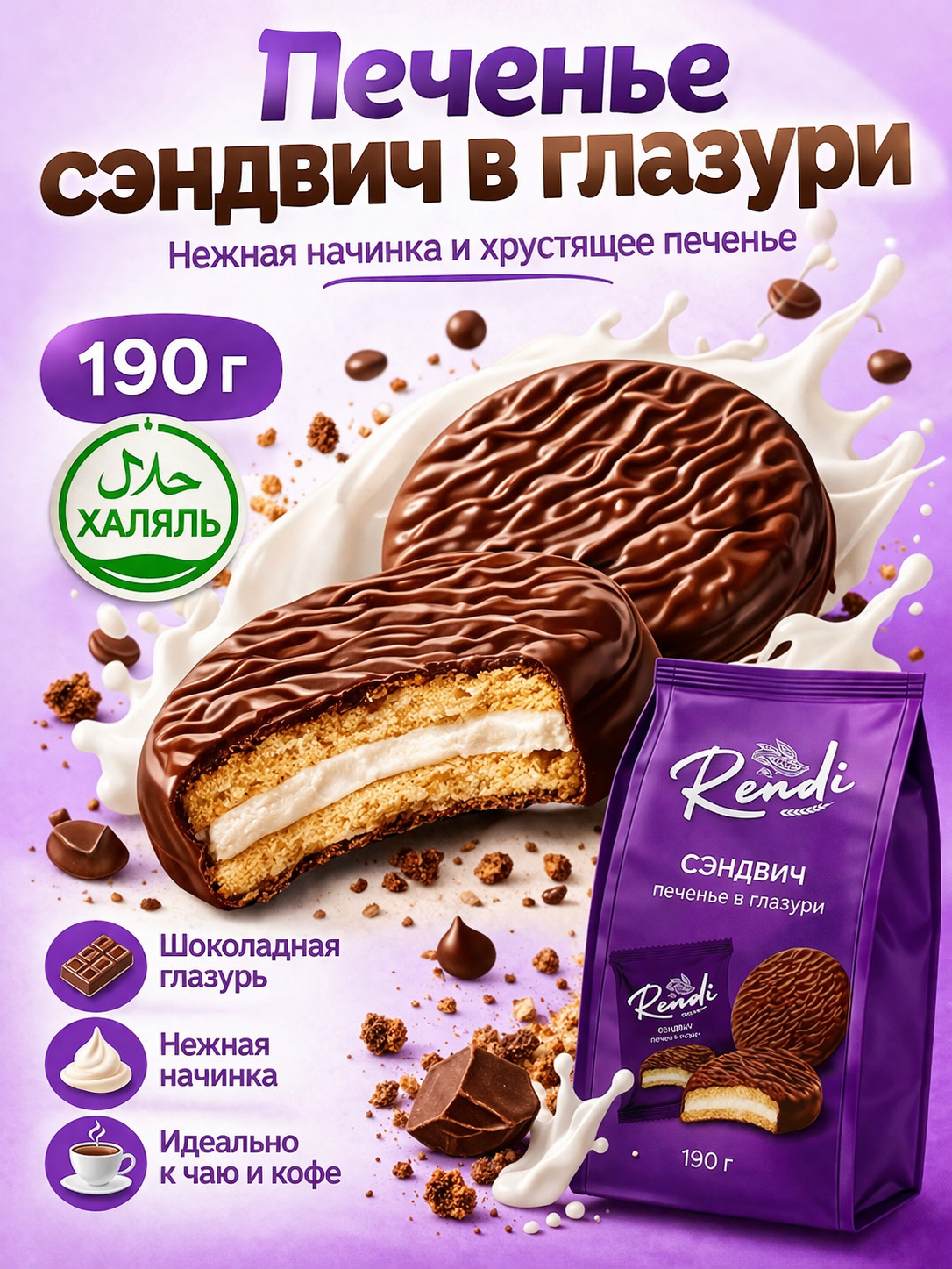 Печенье сэндвич Rendi в шоколадной глазури с начинкой Marshmallow, 190 гр