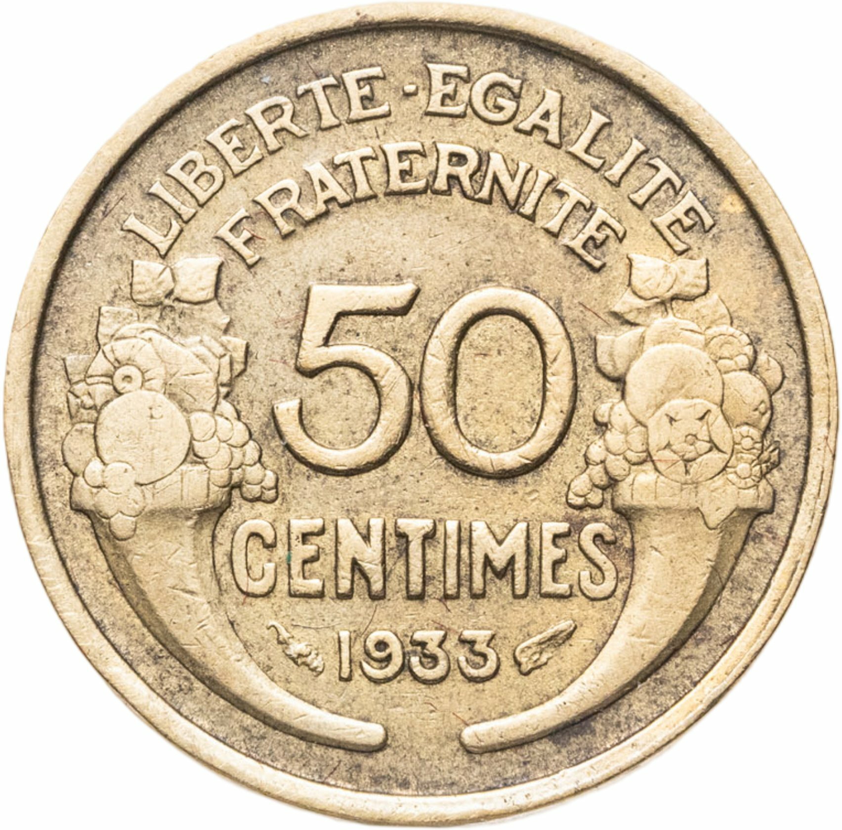 Франция 50 сантимов centimes 1933, Бронза, в сохранности VF