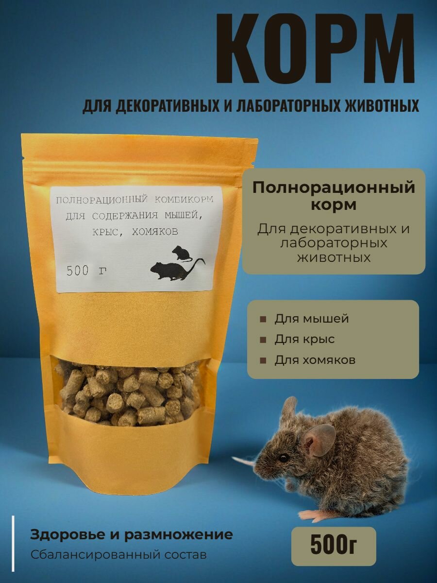 Комбикорм для декоративных и лабораторных мышей, крыс и хомяков. Полнорационный, сбалансированный, для здоровья и размножения