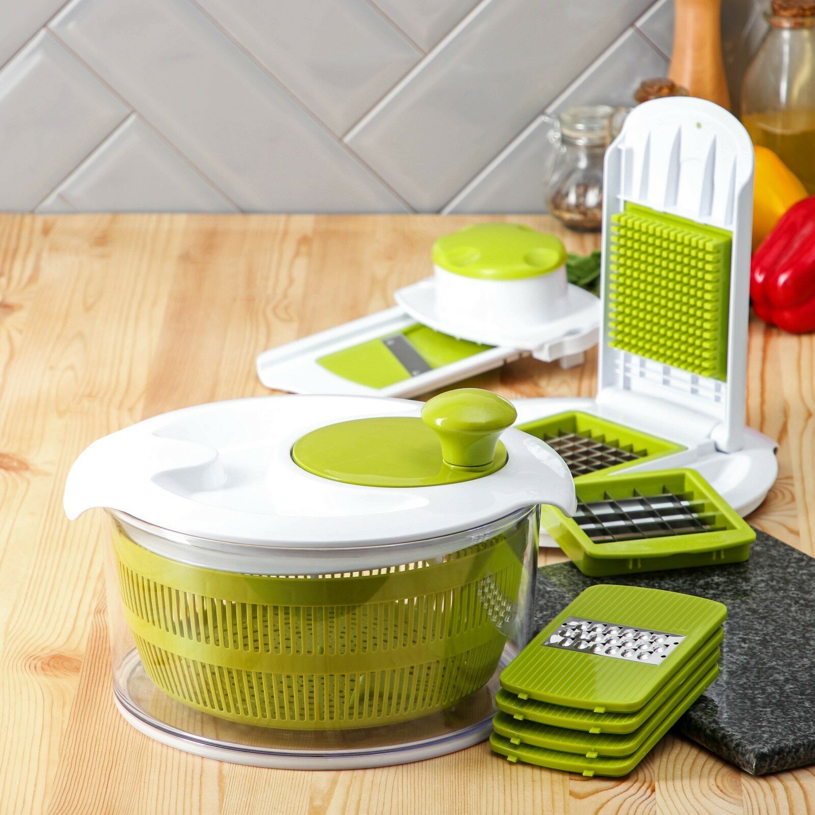 Овощерезка универсальная Fresh cook, 7 насадок, центрифуга для зелени, белая, зелёная