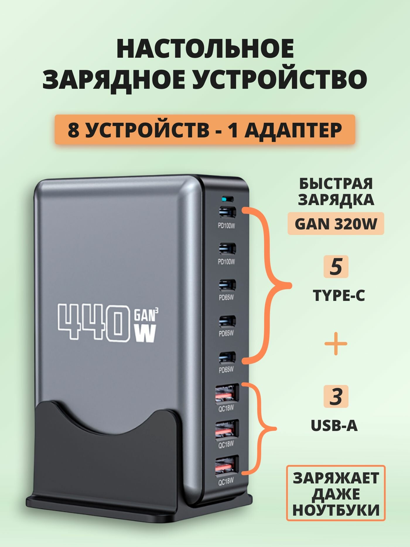 Зарядное устройство многопортовое GaN 440W 5 Type-C, 3 USB, 5С+3А, зарядная станция адаптер с 8 разъемами, настольная многопортовая gan-зарядка