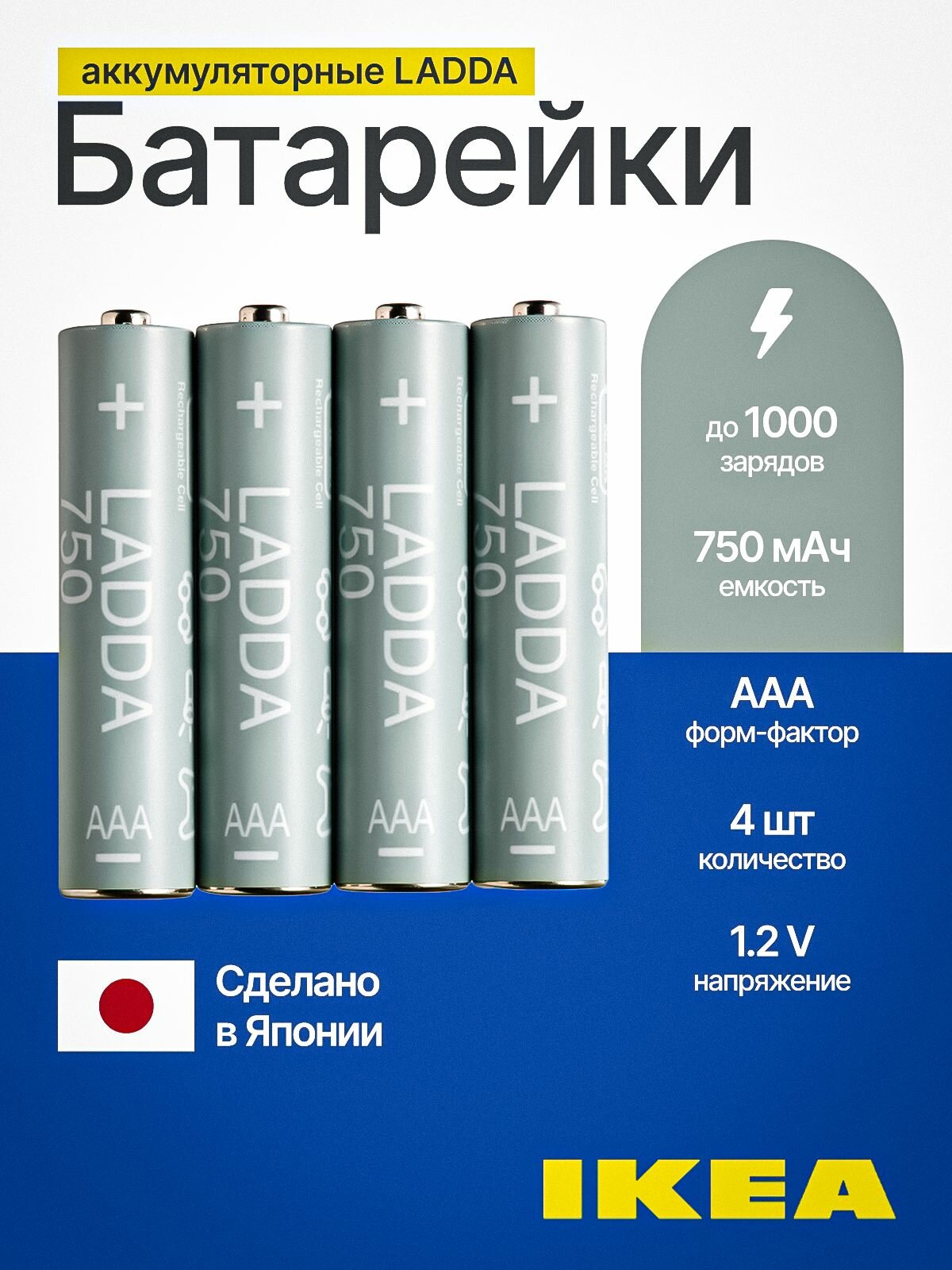 Икеа, LADDA Аккумуляторные батарейки мизинчиковые икеа, 750 мАч, HR03 AAA 1.2 В, 4 шт