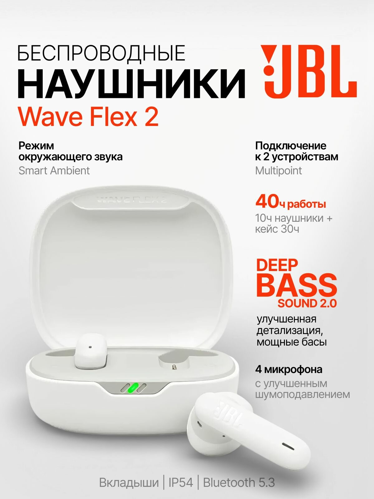 Беспроводные наушники Wave Flex 2 TWS, вкладыши Bluetooth с микрофоном, до 40 часов, Multipoint, белые