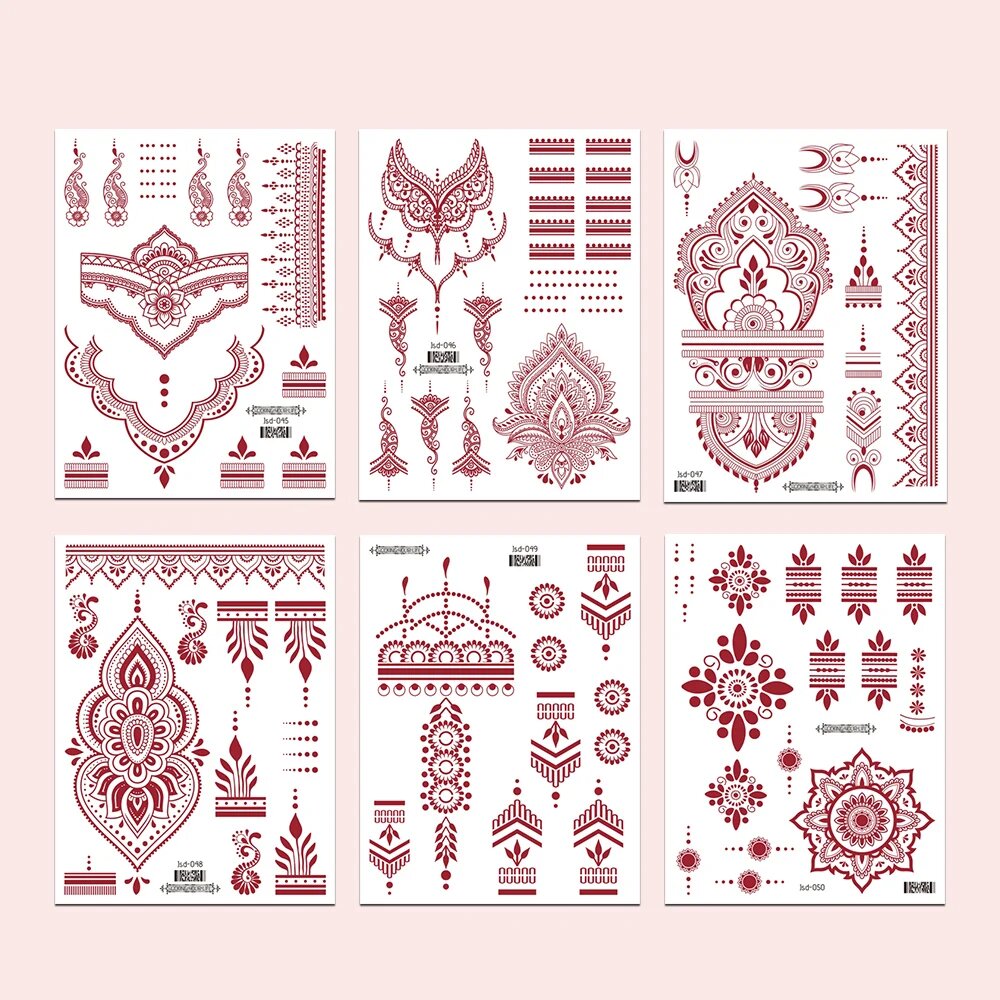 Временные татуировки Mehndi, 6 листов, индийский дизайн, красный