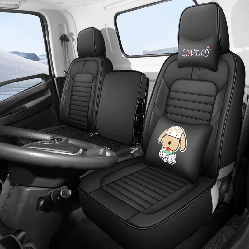 Кожаные чехлы на сиденья для грузовика Jiangxi Isuzu Wing EC5/EC7/ES5/EM7 4.2м с одиночной кабиной - мультяшные черные