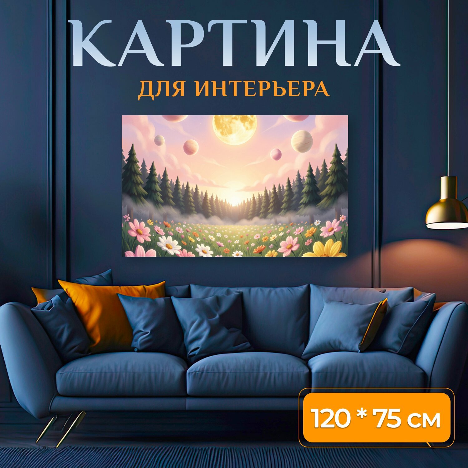 Картина на холсте "Сказочная поляна под лунным небом. Фантазийный лесной ландшафт с огромной светящейся луной и несколькими планетами в." на подрамнике 120х75 см. для интерьера