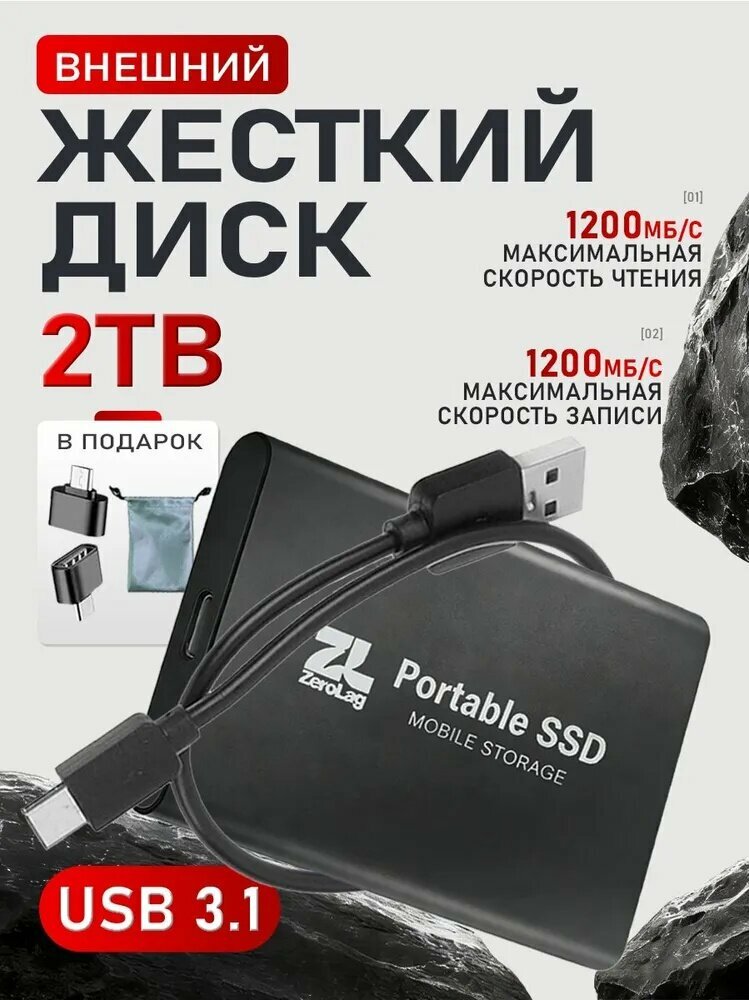 Внешний жесткий диск "ZeroLag", 2 ТБ, металл, форм-фактор 2.5", чёрный матовый