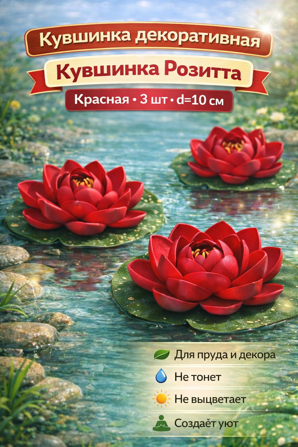 Растение водоплавающее "Кувшинка Розитта" d-10см красная 3шт, декор для пруда