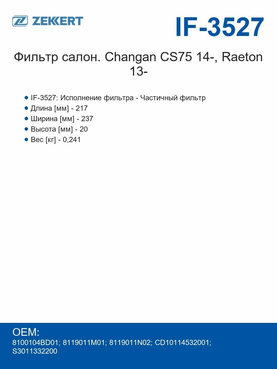 Zekkert Фильтр салонный Changan CS75 14-, Raeton 13-