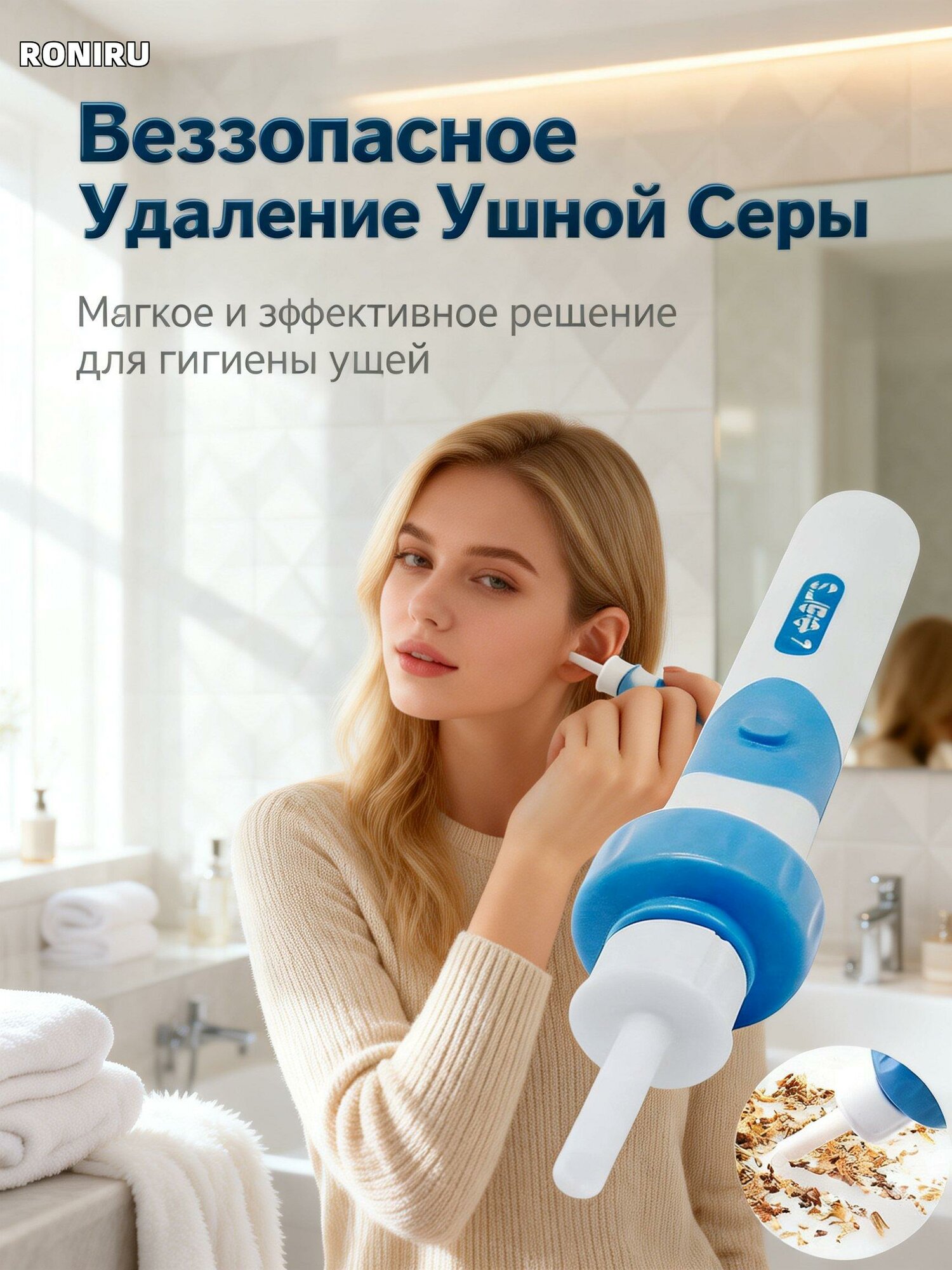 Ирригатор для чистки ушей с подсветкой и силиконовой насадкой — мощное всасывание, 3 режима, для всей семьи