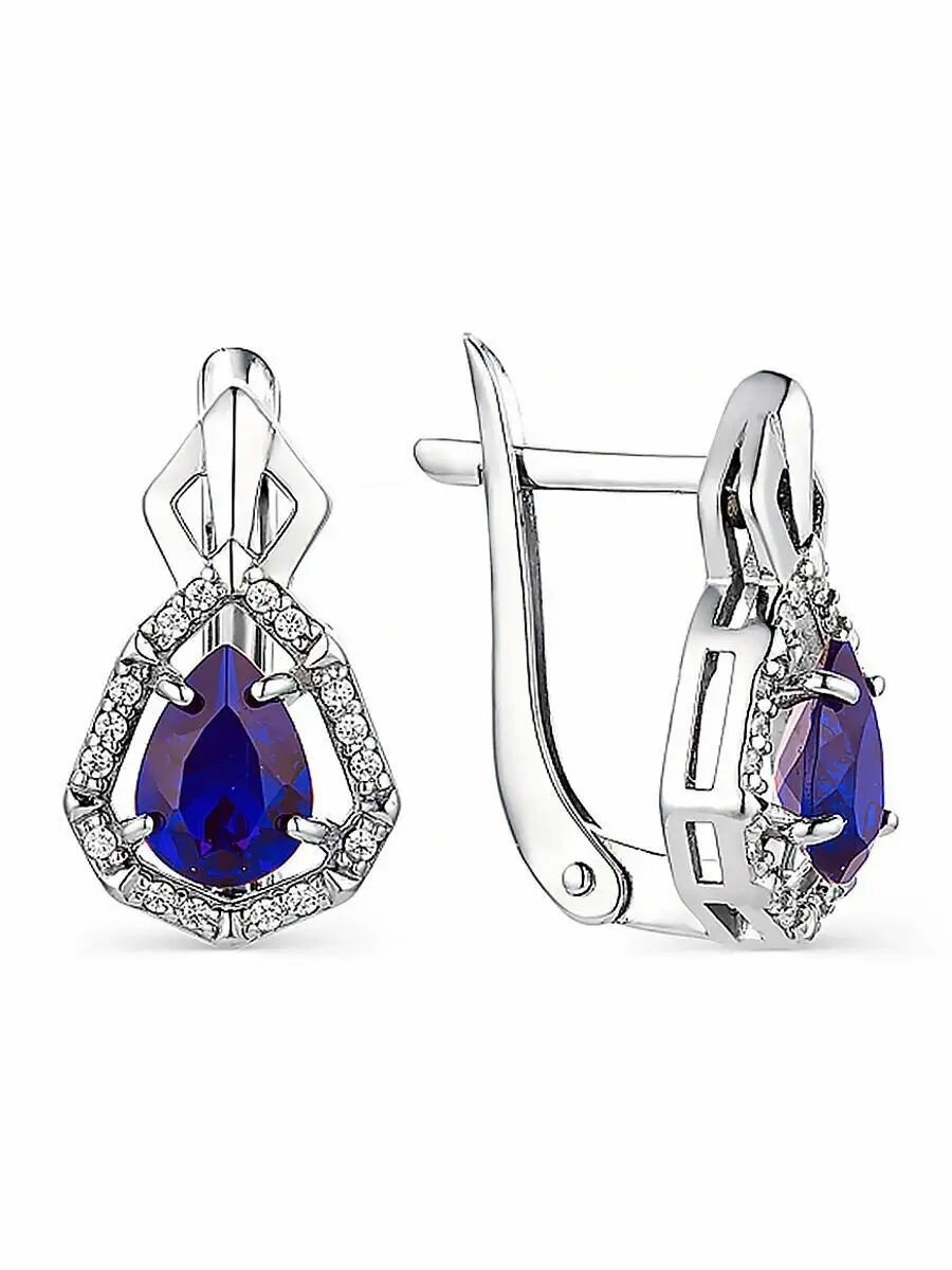 Серьги, серебро, 925 проба, родирование, фианит, сапфир синтетический