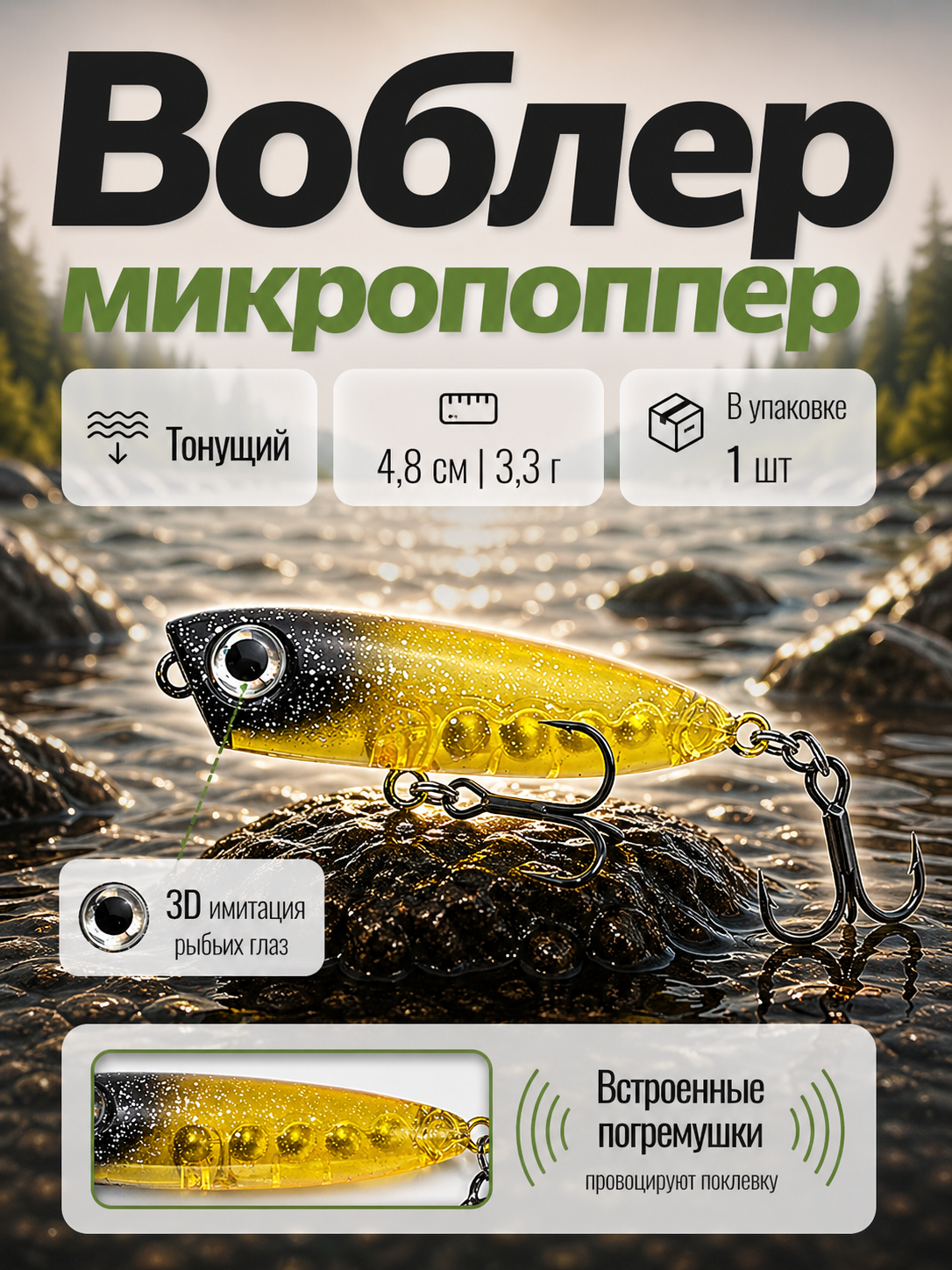 Воблер микропоппер, тонущая приманка, с погремушками и тройными крючками 4,8 см/3,3 г, черно-желтая