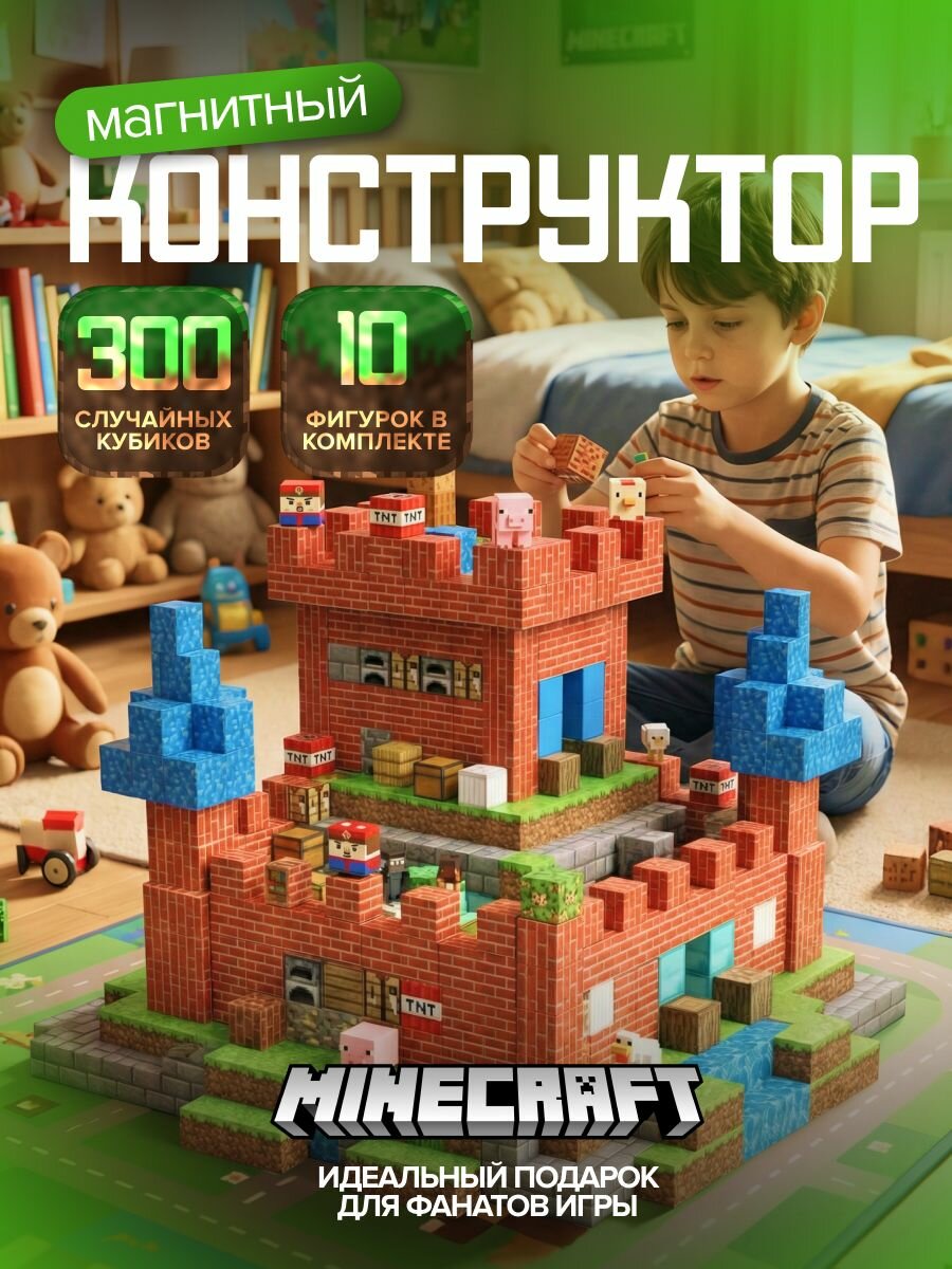 Майнкрафт, магнитные строительные блоки, сделай сам, 300 шт, Minecraft магнитный конструктор 300 случайных блоков и 10 фигурок персонажей
