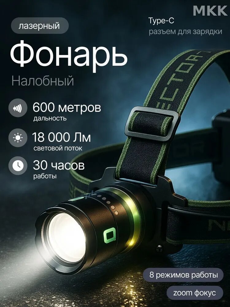Zoo Son Налобный фонарь-прожектор 18000 Лм, 600 метров, Zoom, 8 режимов работы, Type-C зарядка